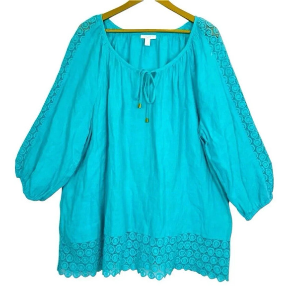 Charter Club | Tops | Charter Club Linen Crochet Peasant Tunic Top 3x ...